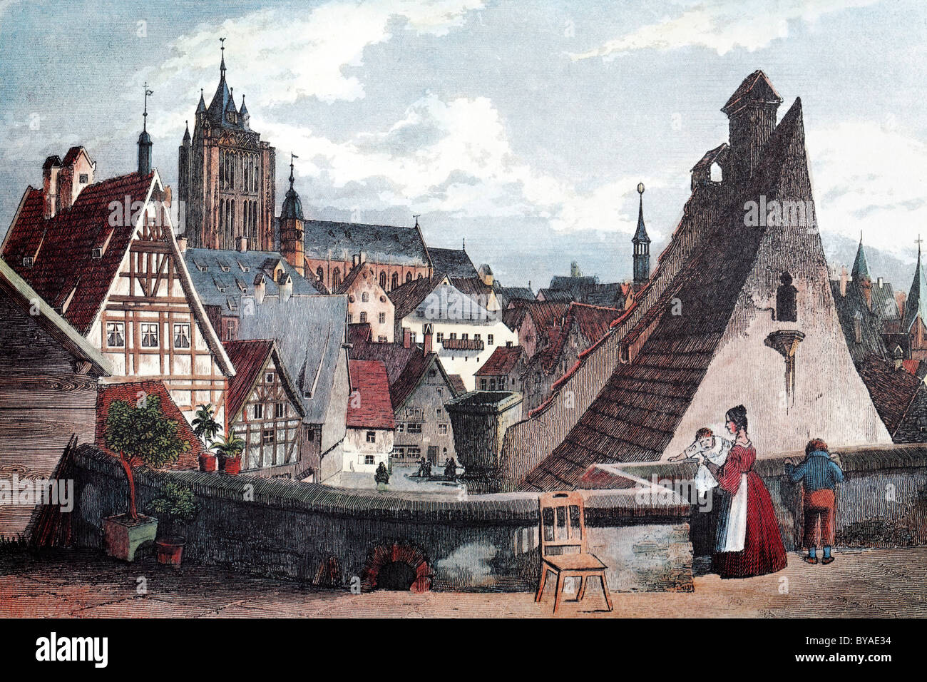 Market square in Luebeck in 1820, historic city view, steel engraving ...