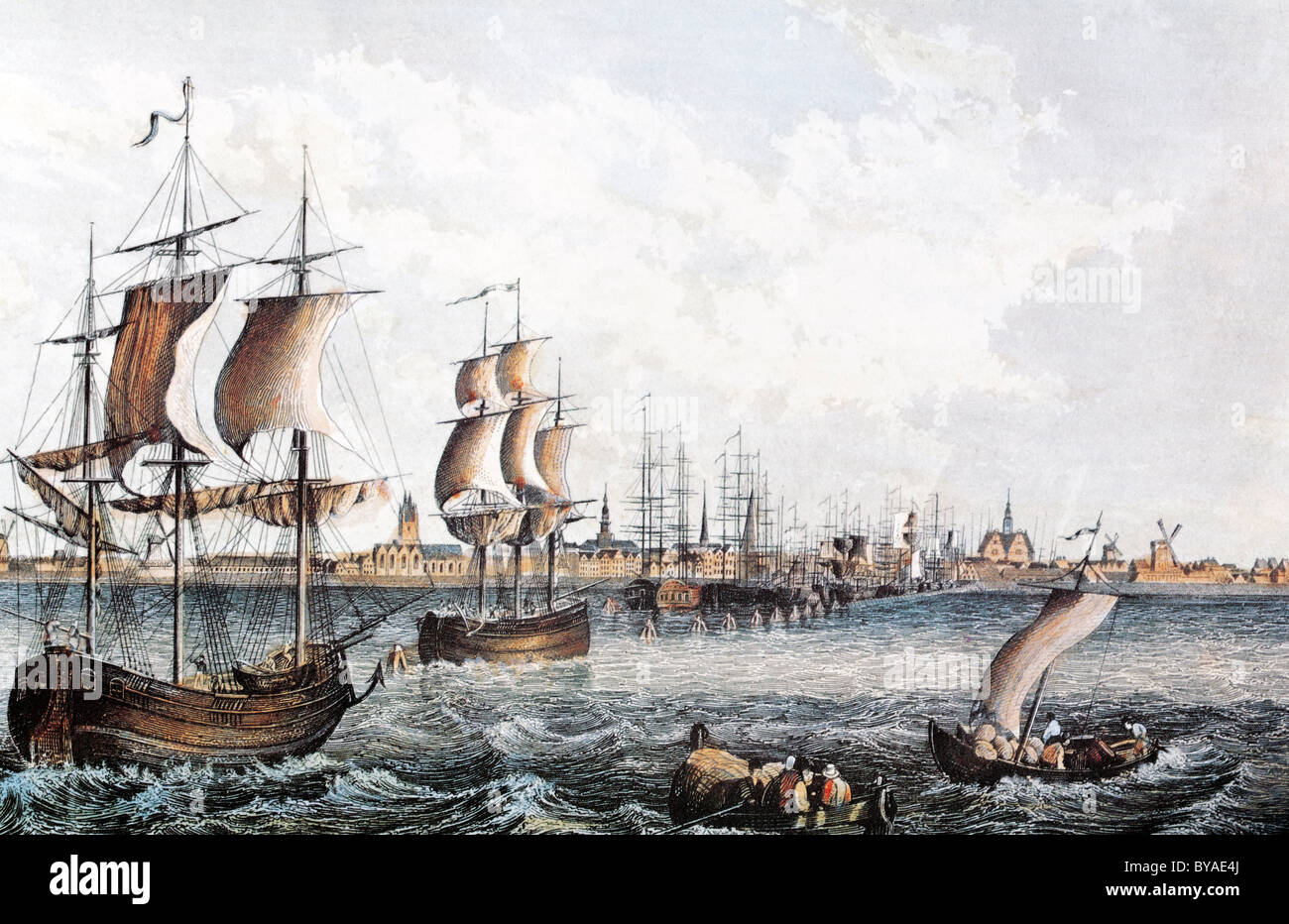 View of Emden, about 1845, historic cityscape, steel engraving created ...