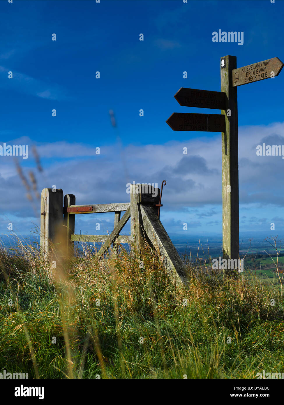 Signpost public footpath path sign and gate on Cleveland Way walk route ...