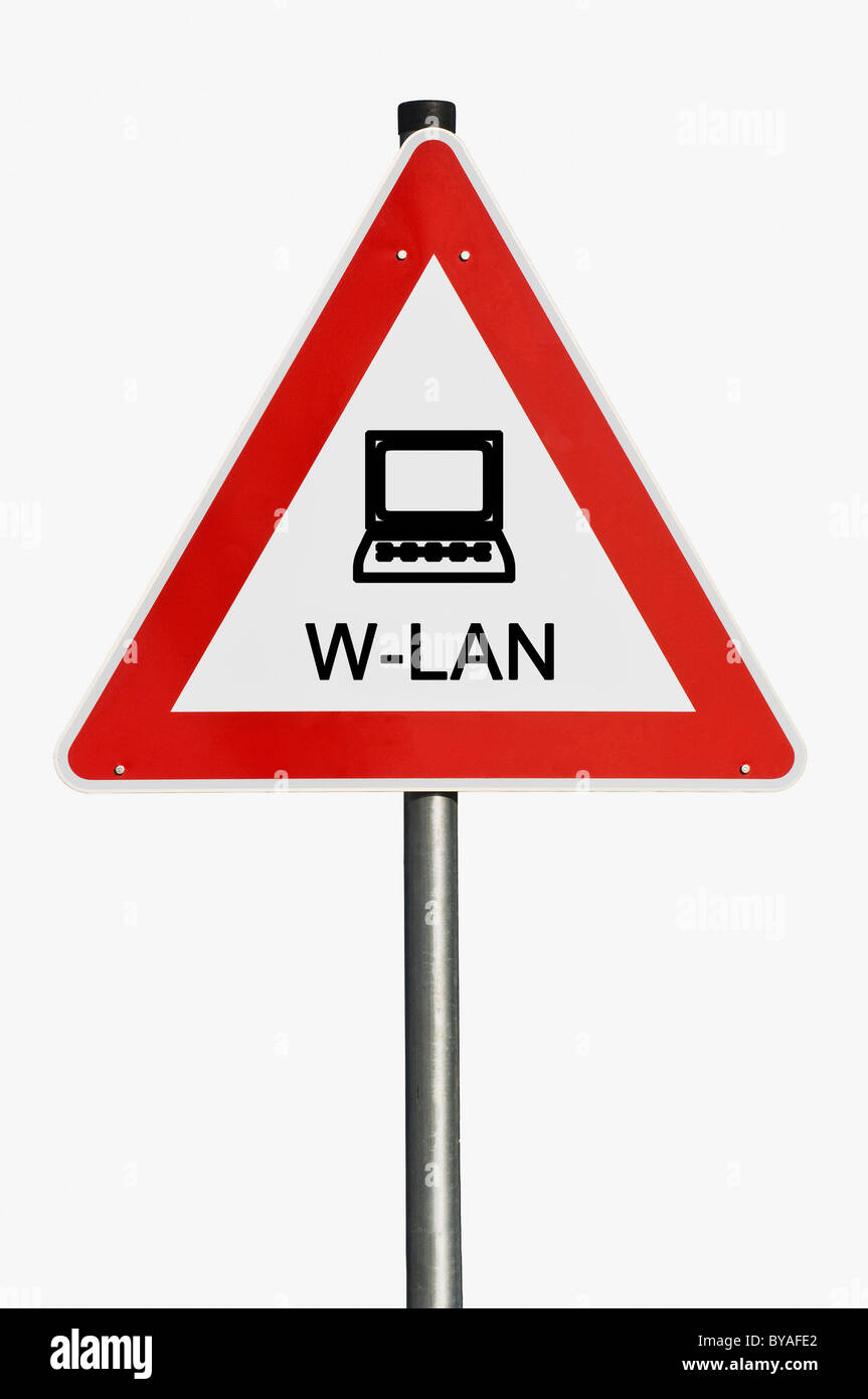Warning sign with a notebook, lettering "W-LAN", German for "Wi-Fi ...