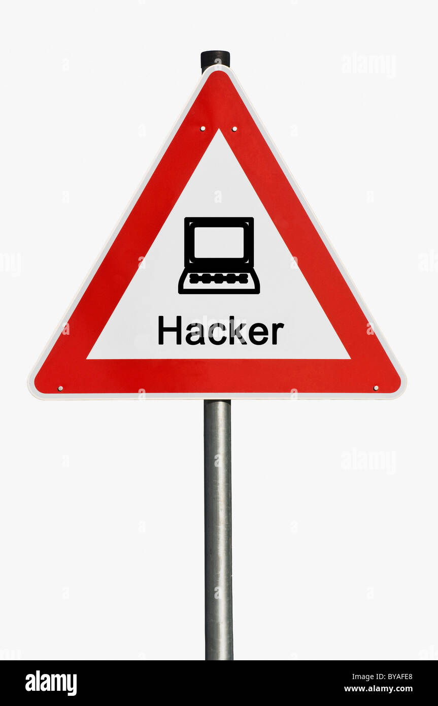 Warning sign with a notebook, hacker Stock Photo - Alamy