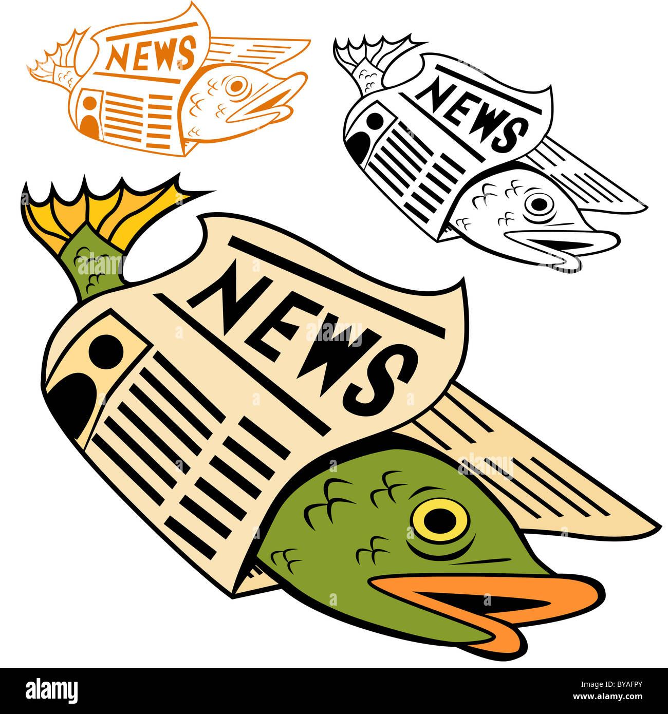 Cartoon fish wrapped in newspaper in different colors Stock Photo - Alamy