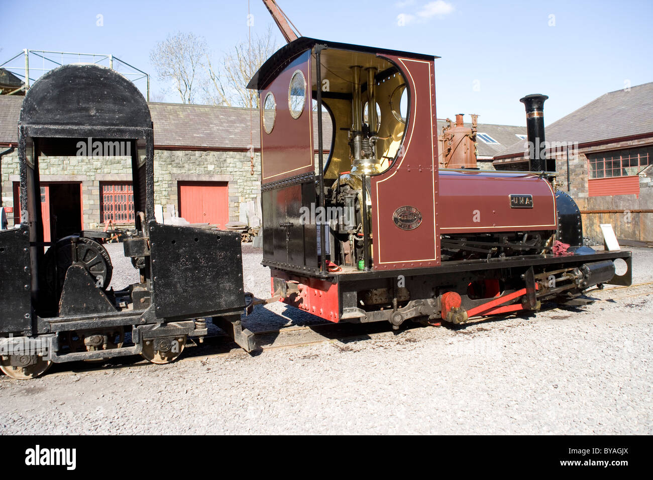 Steam train in the Courtyard of the Welsh Slate Museum on the shore of ...