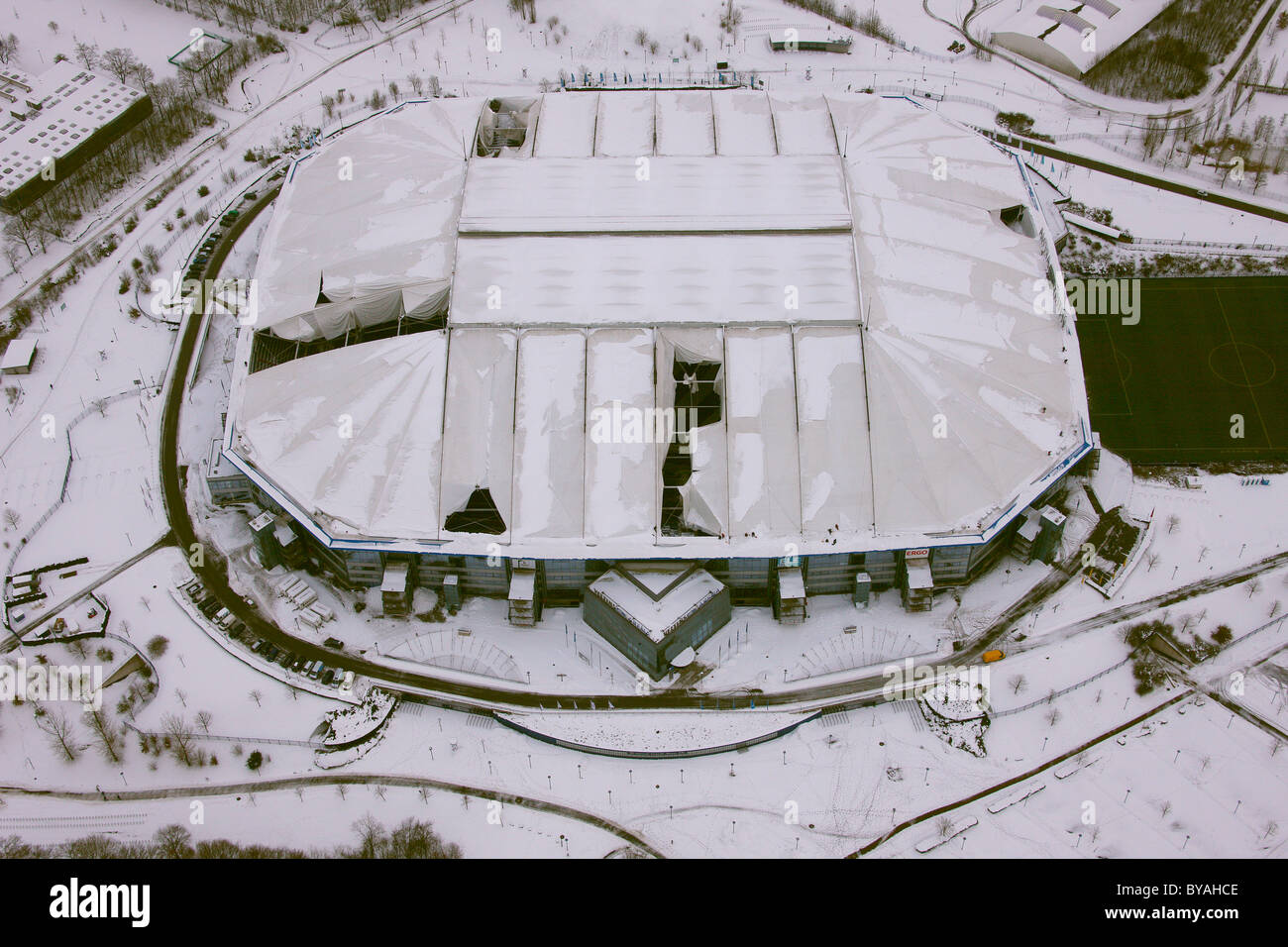 Aerial view, Veltins-Arena football stadium, also known as Schalke Arena stadium, snow-damaged ...