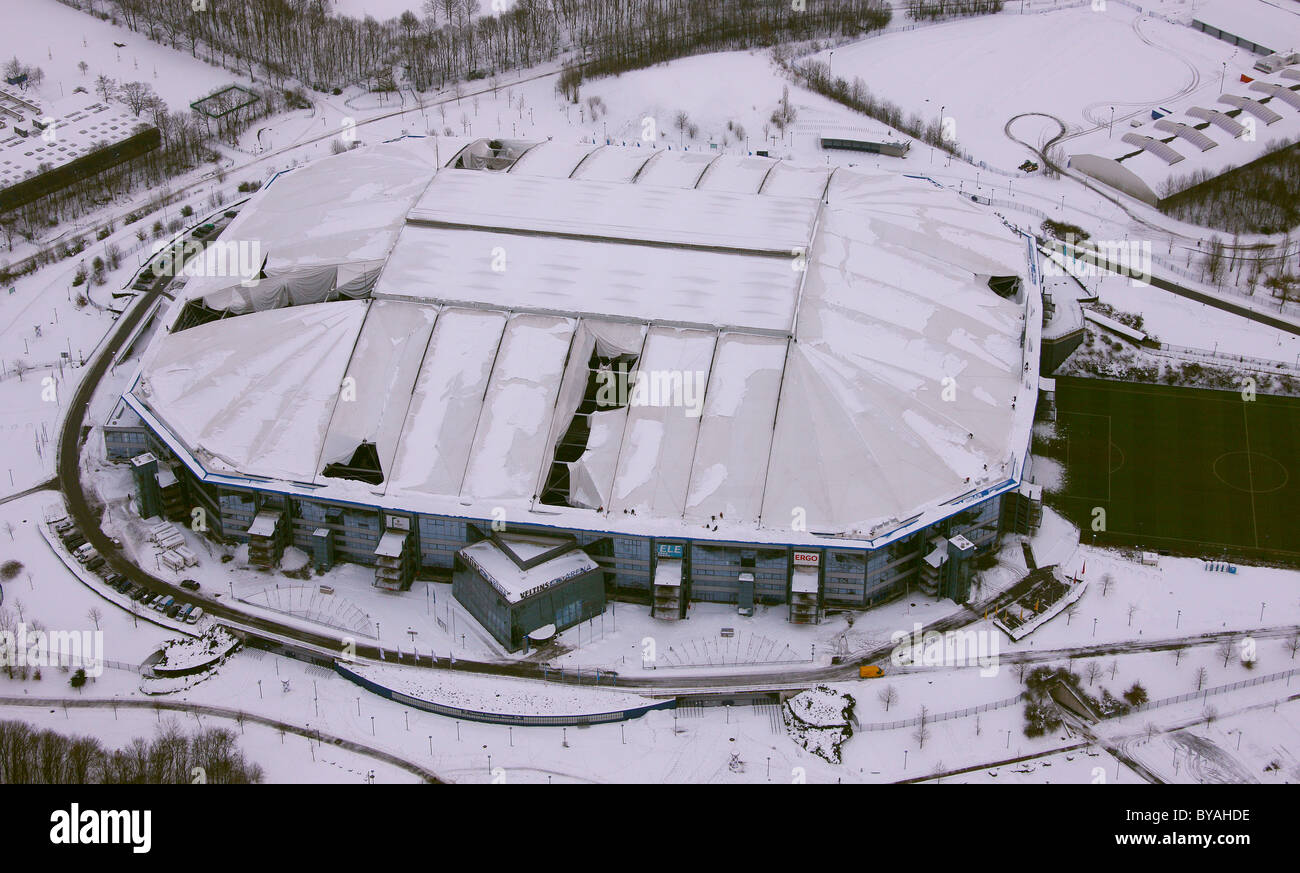 Aerial view, Veltins-Arena football stadium, also known as Schalke Arena stadium, snow-damaged ...
