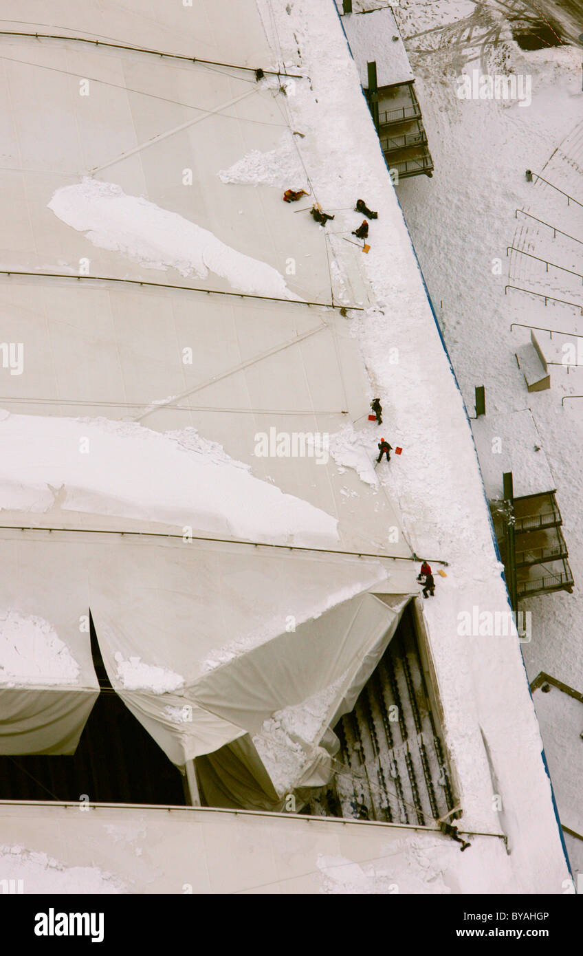 Aerial view, Veltins-Arena football stadium, also known as Schalke Arena stadium, snow-damaged ...