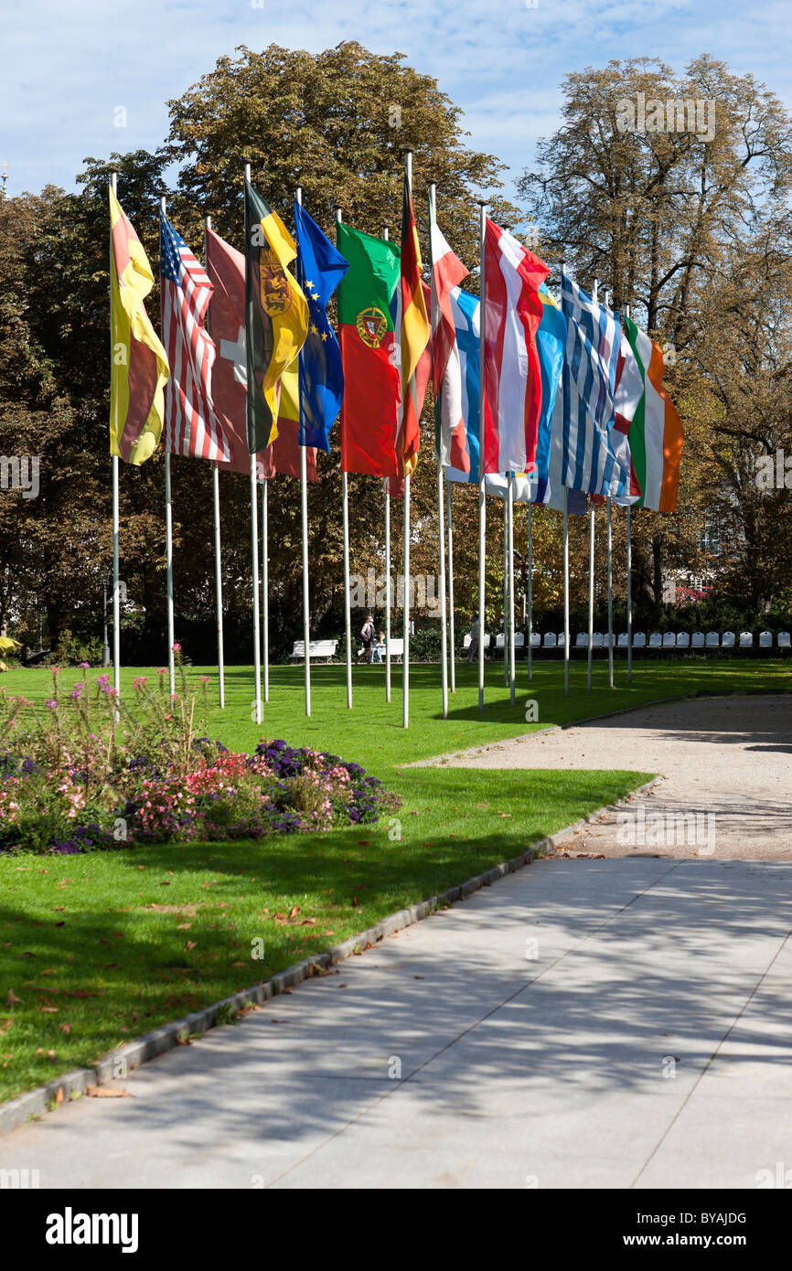 Flags in the spa park in Baden-Baden, Black Forest, Baden-Wuerttemberg ...