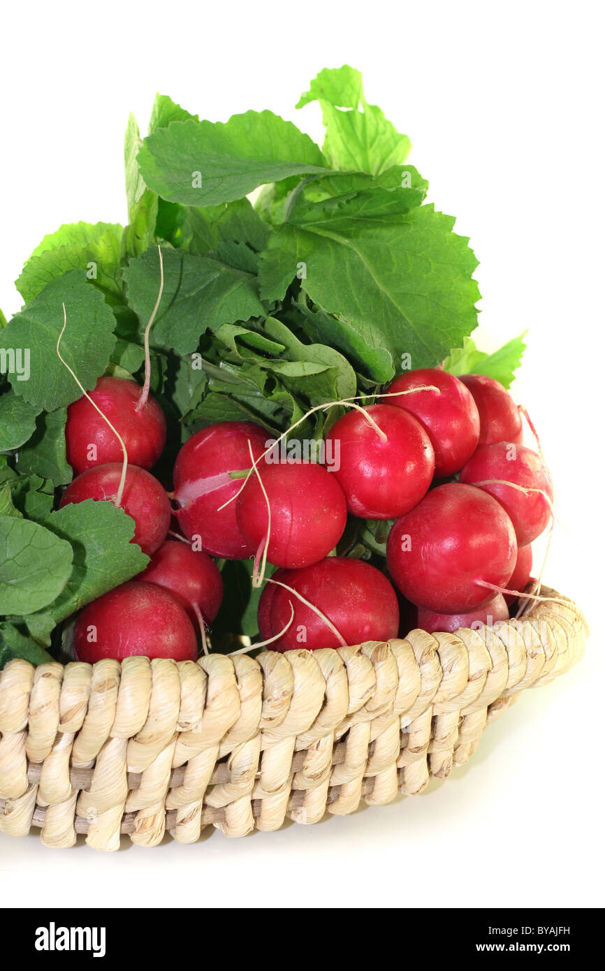 fresh radishes with green leaves in a basket of bast Stock Photo - Alamy