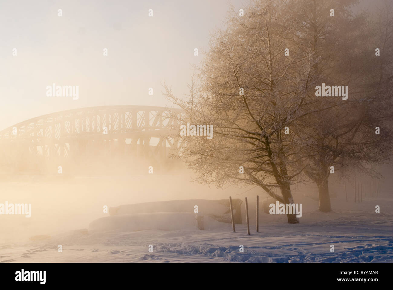 Mist rising from the river Oulu in a cold winter day in Oulu, Finland ...