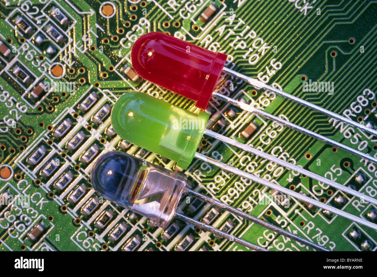 Three LED's diagonally on a circuit board Stock Photo - Alamy