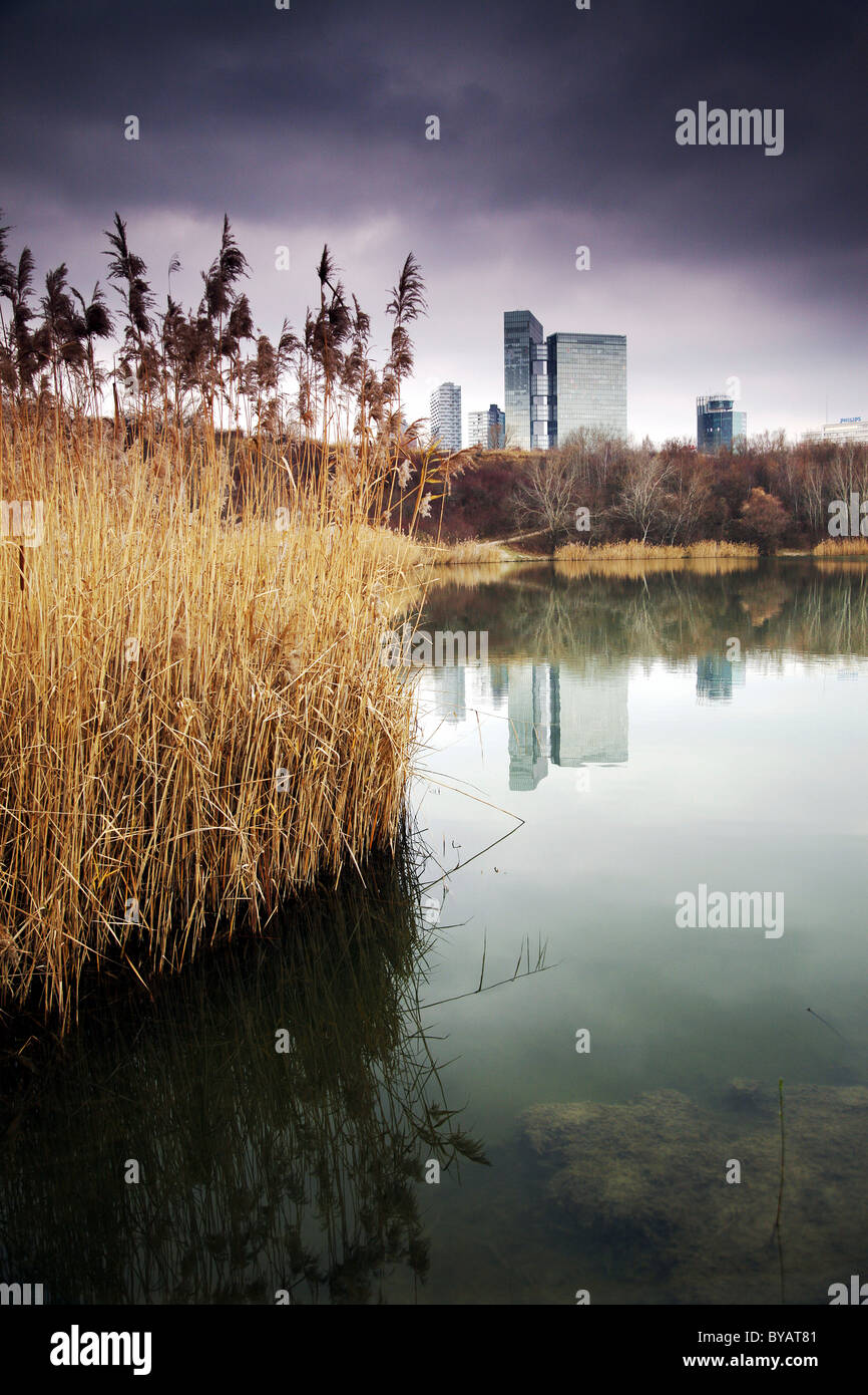 Vienna Twin Tower, seen from Wienerbergsee lake, Vienna, Austria ...