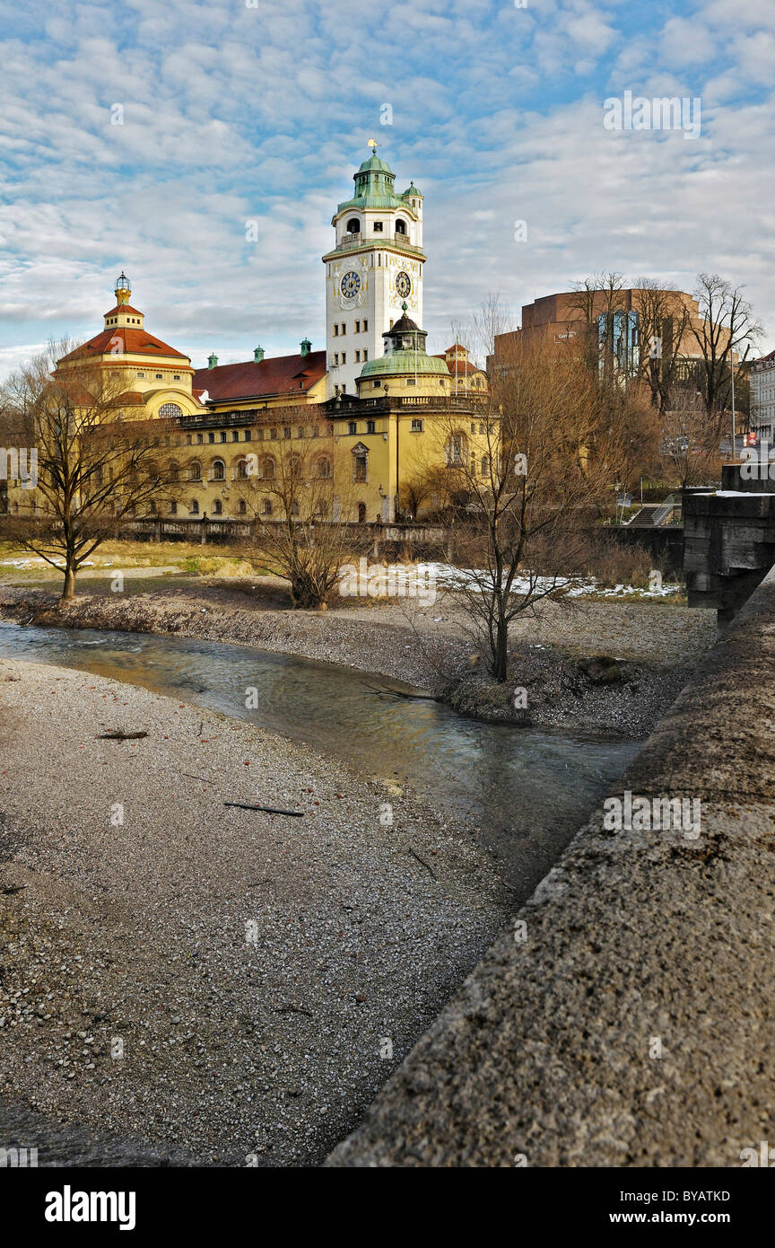 Muellersches Volksbad public swimming pool and Gasteig, Isar river ...