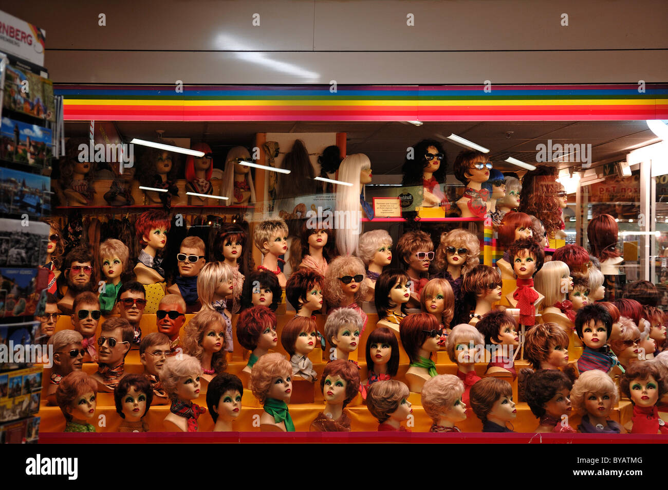 The window of a wig shop in a mall, Nuremberg, Middle Franconia ...