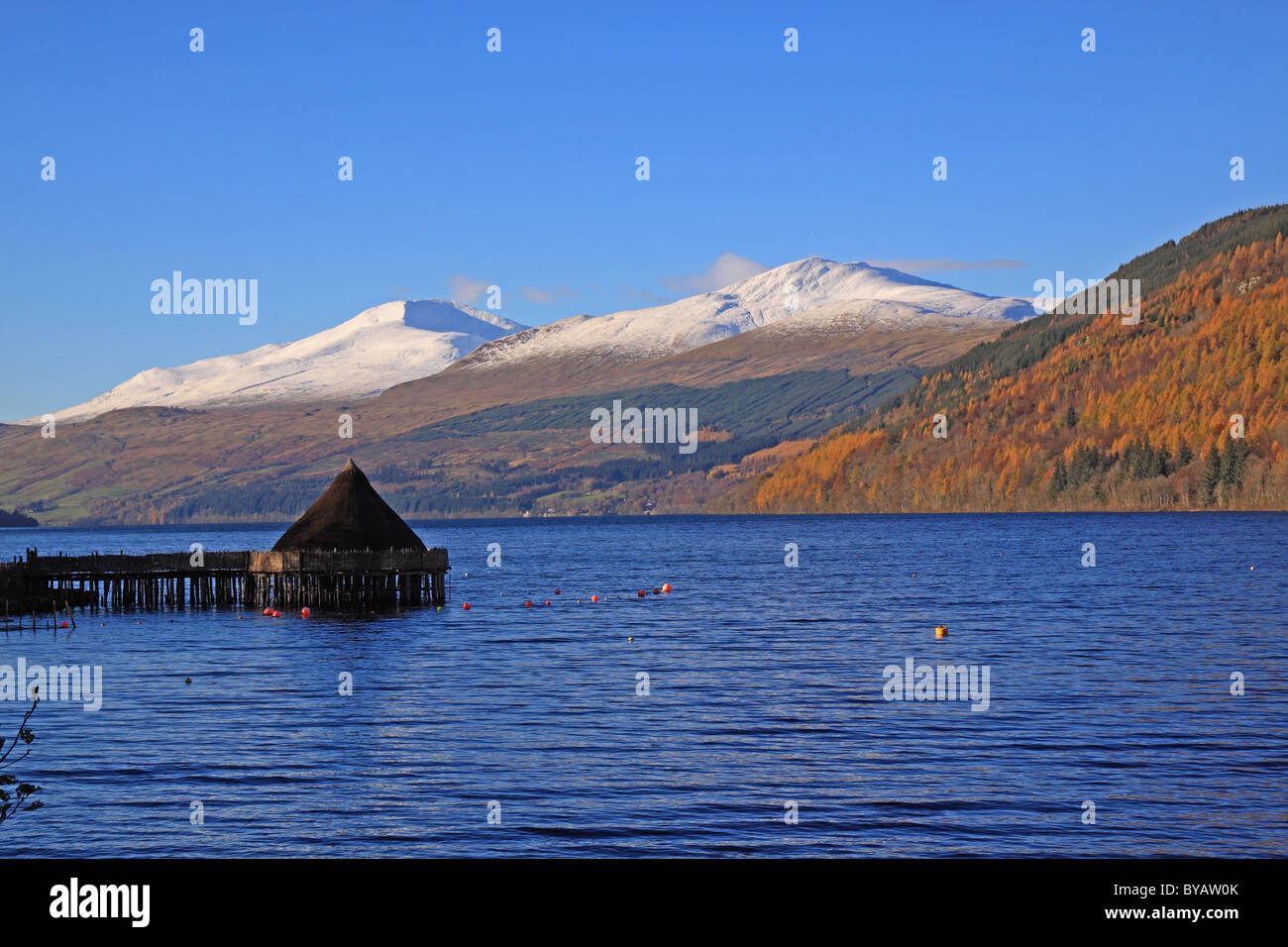UK Scotland Tayside Perthshire Loch Tay Ben lawers and the Crannog at ...