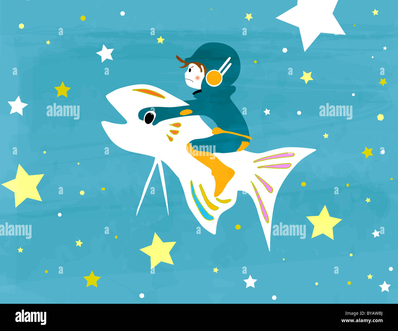 Illustration of a man riding a fish through space Stock Photo - Alamy