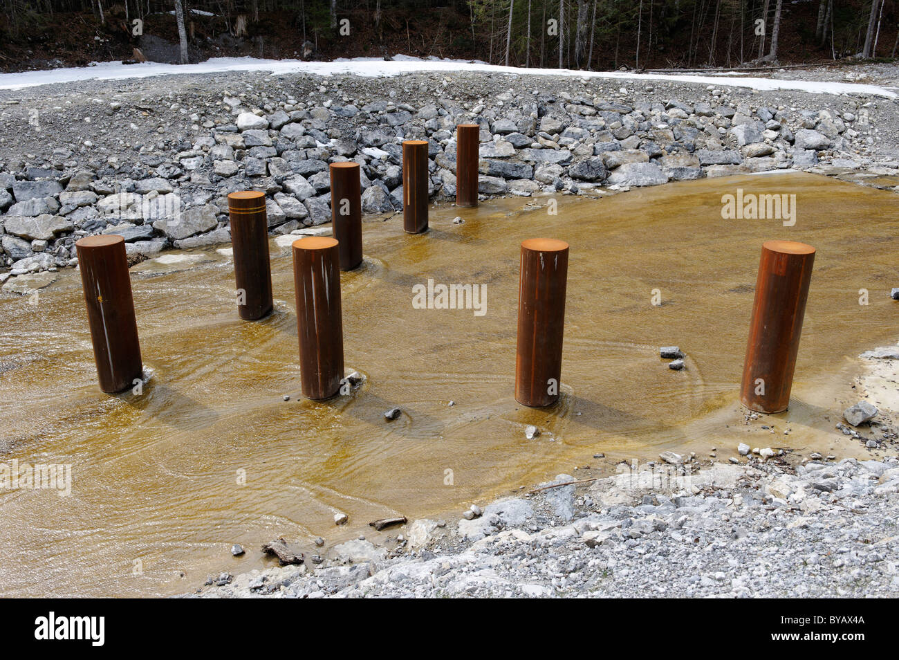 Flood protection, flood control beams in a stream bed to guard against ...