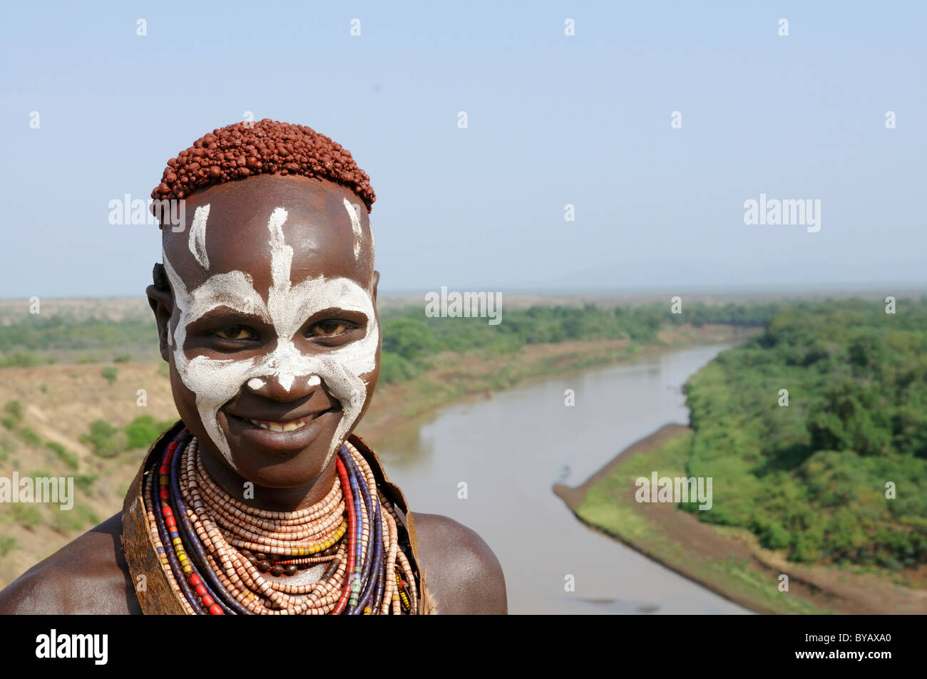 Painted woman from the Karo tribe, portrait, southern Omo valley ...