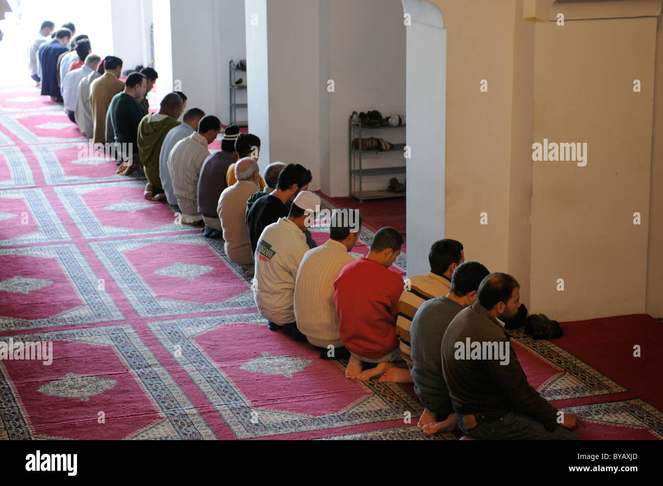Devout Muslims praying in the mosque, Fes, Morocco, Africa Stock Photo ...