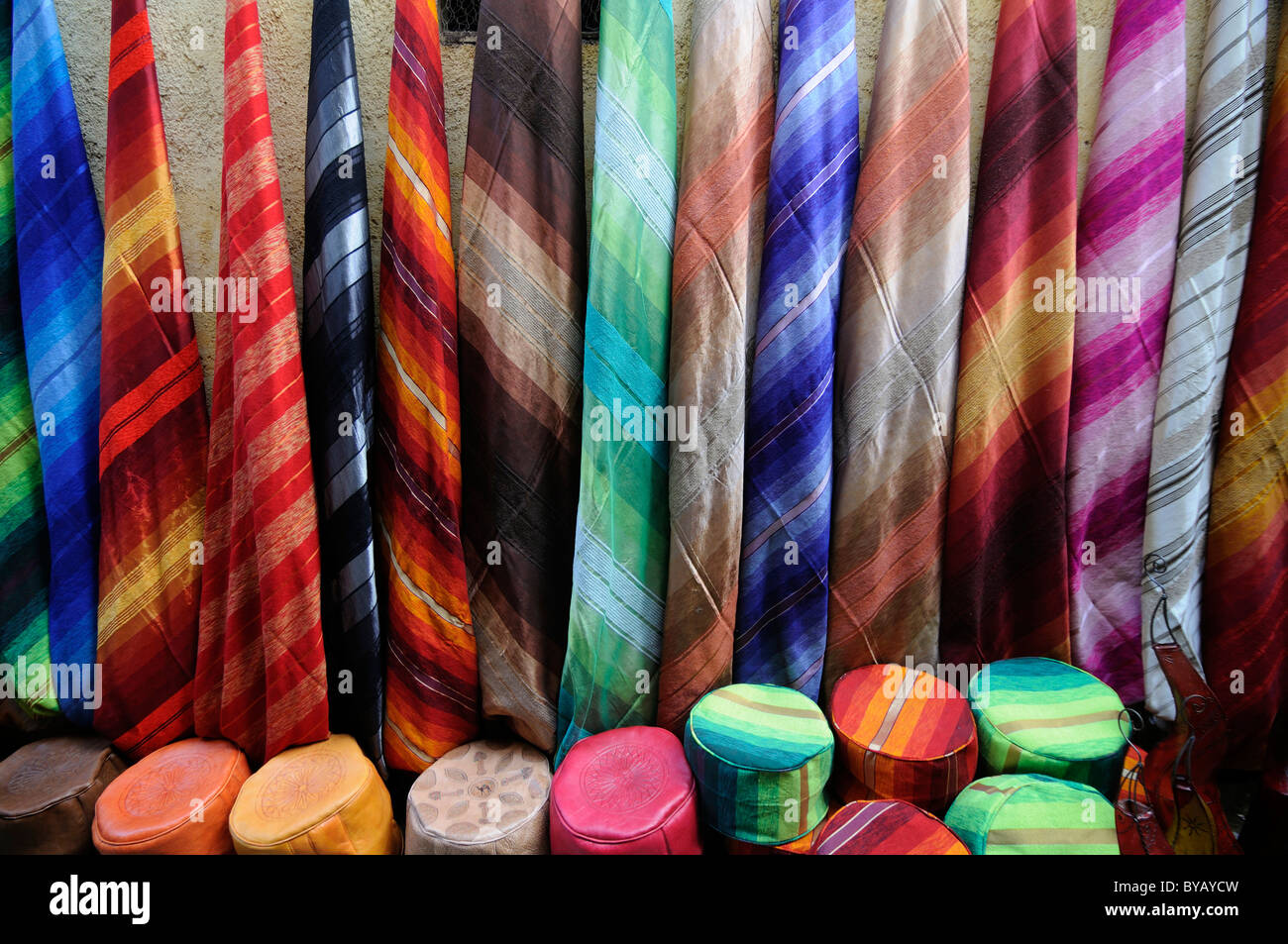 Colorful cloths in the bazaar of Fez, Morocco, Africa Stock Photo - Alamy