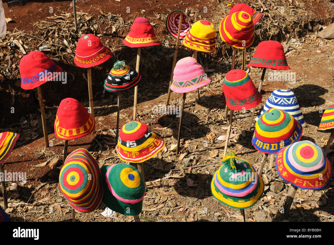 Colourful hats for sale, Dorze, southern Omotal, southern Ethiopia ...