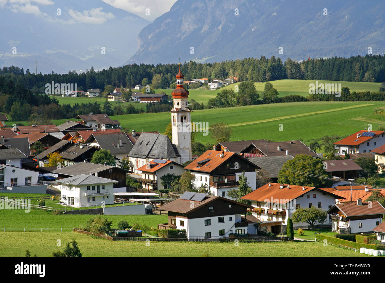 Small town of Tulfes, church, mountains, pastoral landscape, Tyrol ...