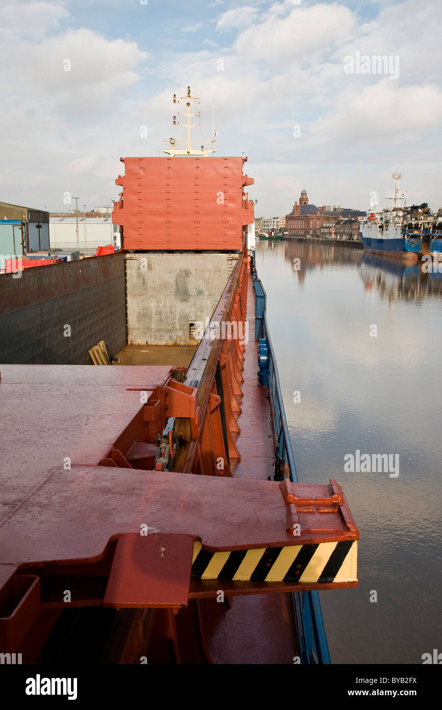 The cargo ship Sea Hunter with it's deck opened in Great Yarmouth ...