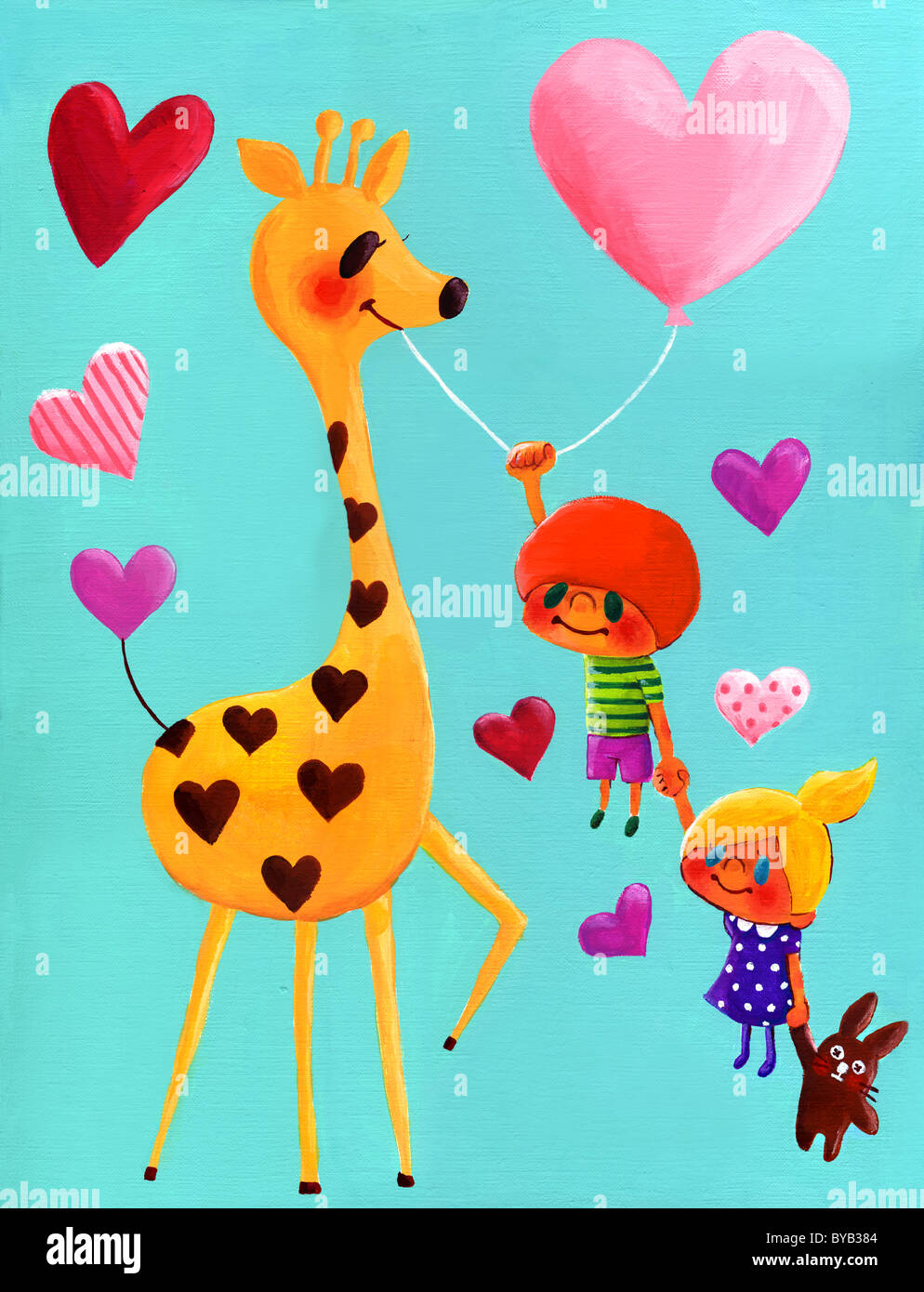 A group of children playing with a giraffe Stock Photo - Alamy