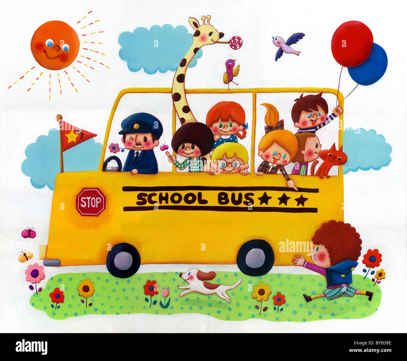 A group of children and animals in a yellow school bus Stock Photo - Alamy
