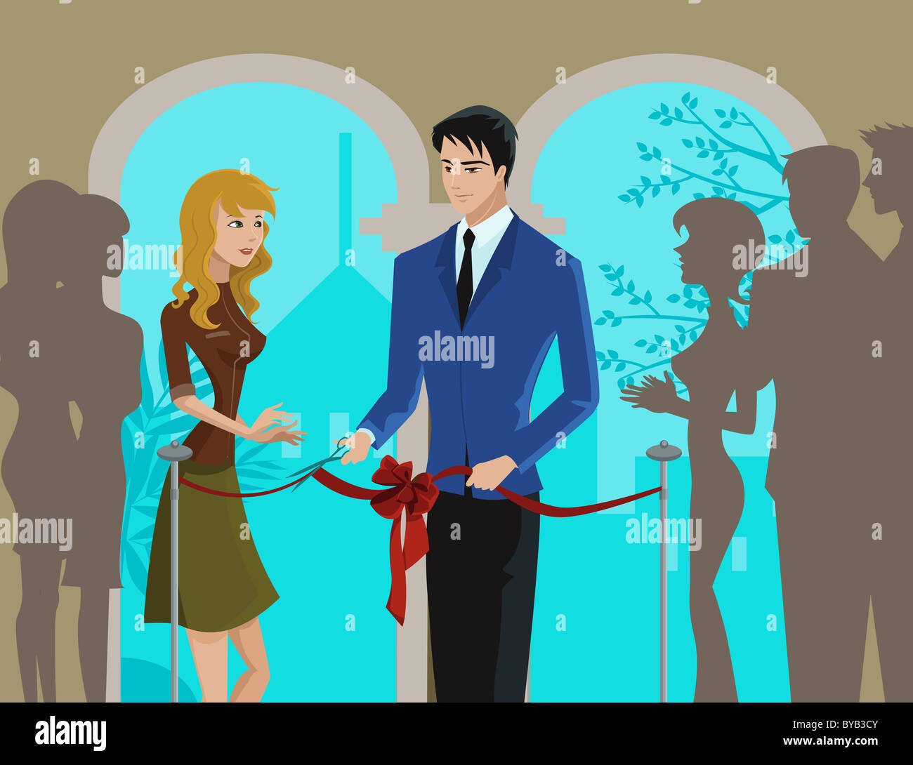 A man and woman cutting a ribbon at an opening Stock Photo - Alamy