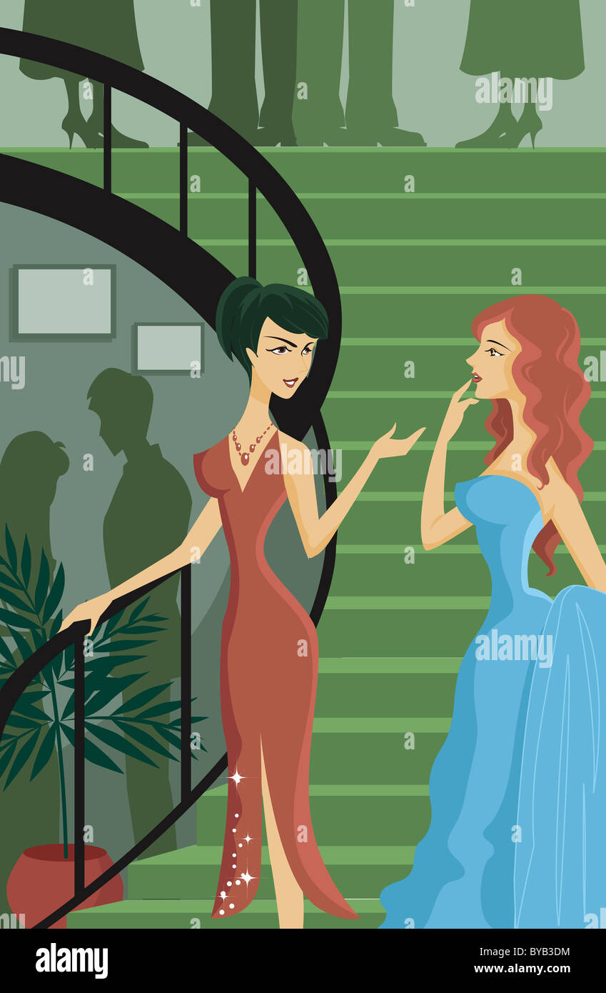 Two women having a conversation on a staircase Stock Photo - Alamy