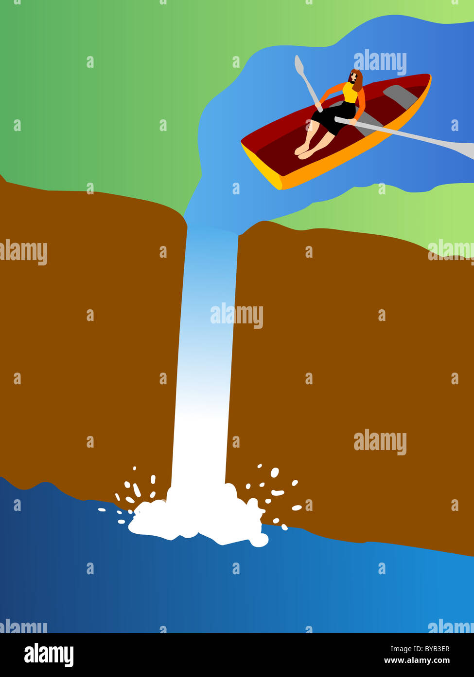 A small row boat going over a waterfall Stock Photo - Alamy