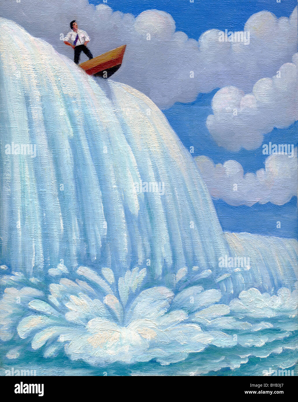 A businessman in a boat going over a waterfall Stock Photo - Alamy