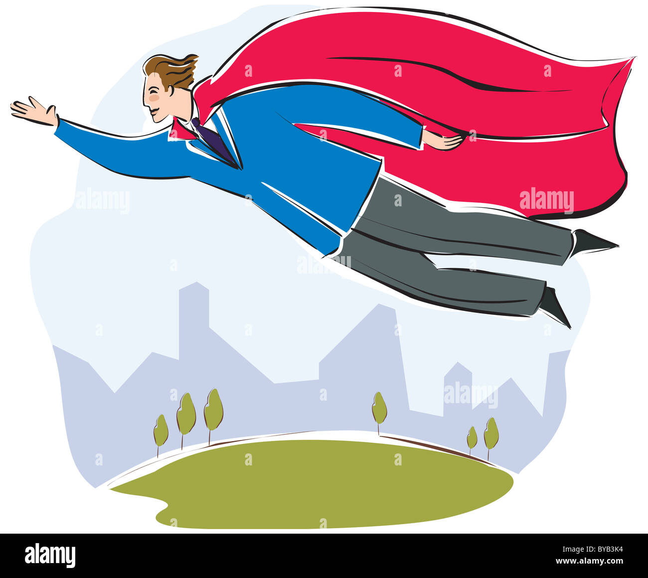 A businessman with a large red cape flying Stock Photo - Alamy