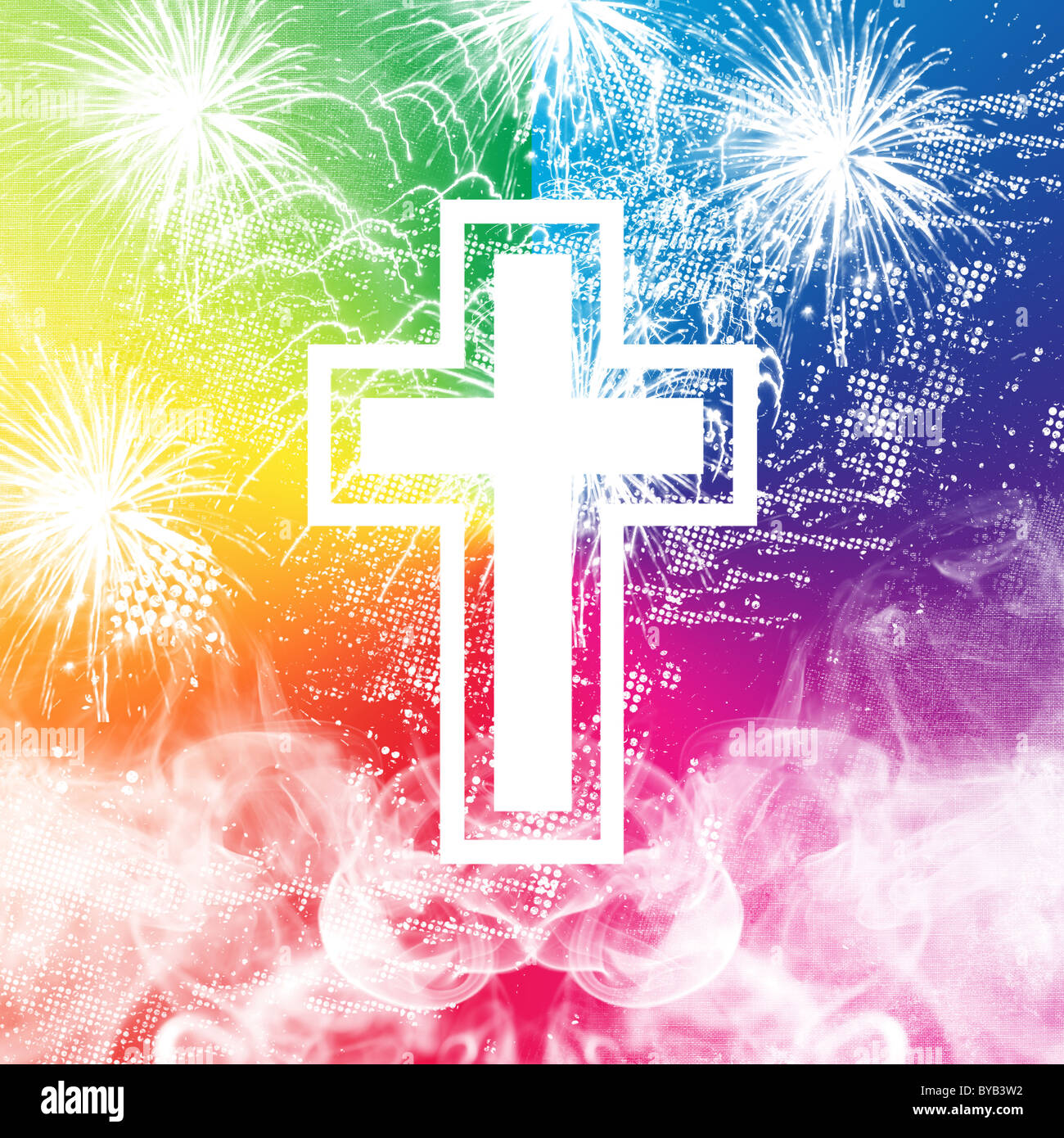 Cross with colorful background distressed with white Stock Photo - Alamy
