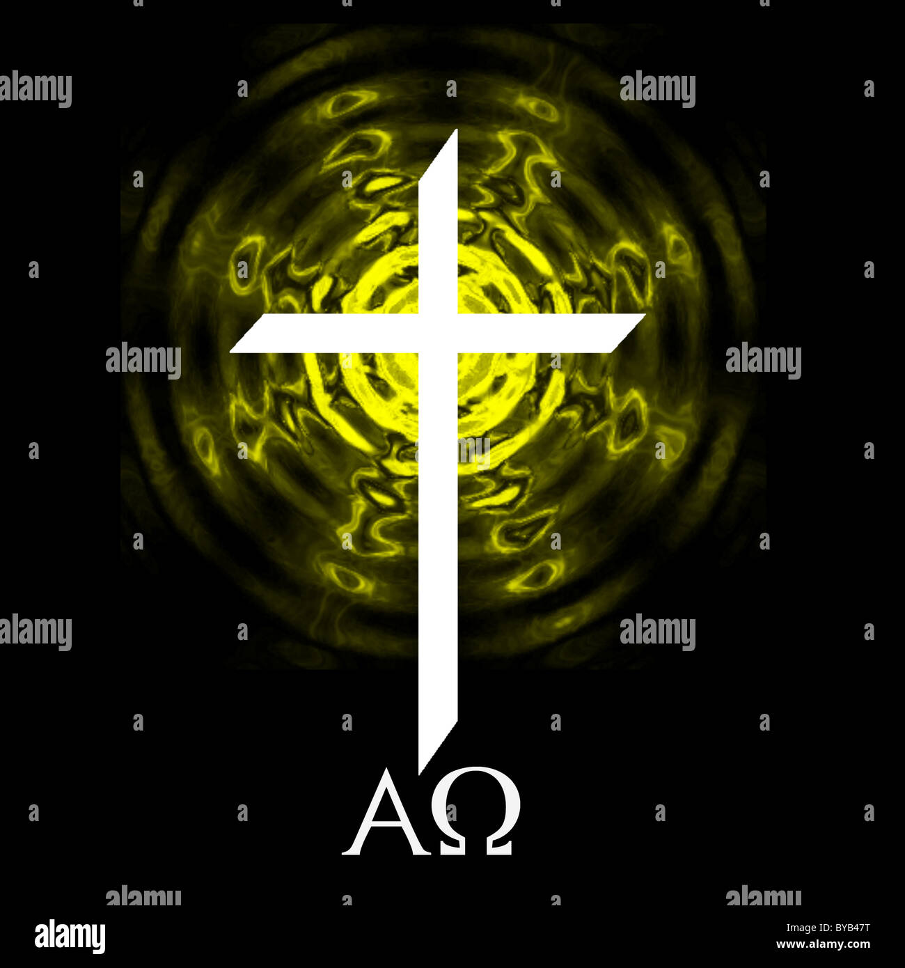 White cross on black background with yellow radiating and alpha omega ...