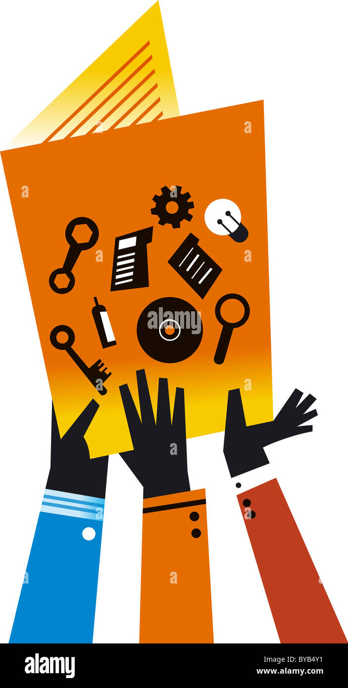 Many hands on a manual Stock Photo - Alamy