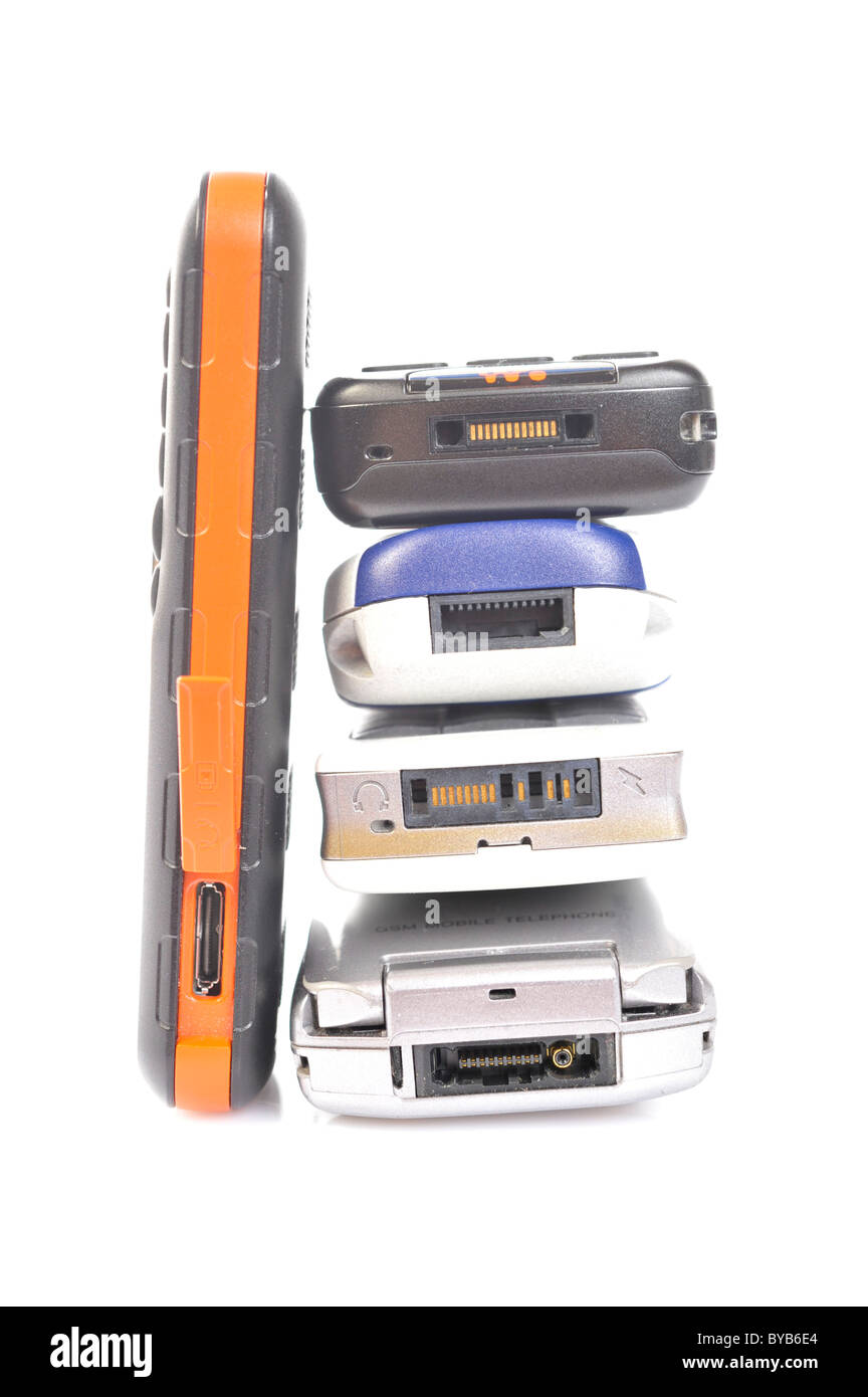 Various charging connections for mobile phones, micro-USB plug ...