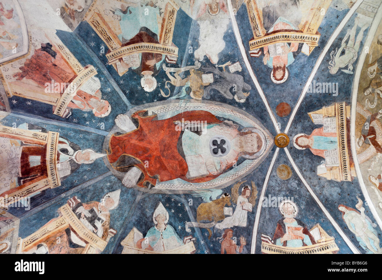 Church, the Trinitarian "three-headed" Jesus on the ceiling of the ...