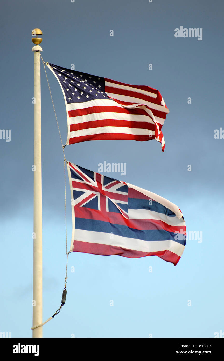 Unites States and Hawaii Flags on Flagpole Stock Photo - Alamy