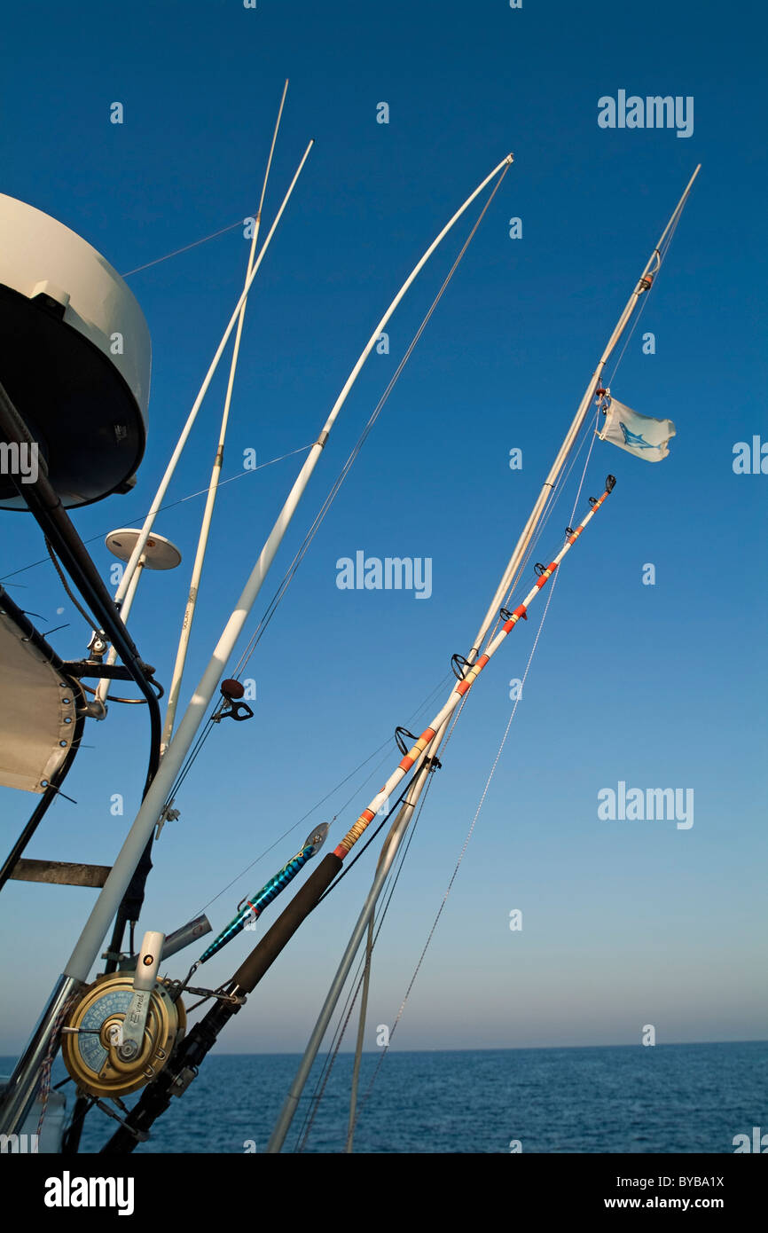Fishing rods onboard a boat in the Mediterranean Sea, France Stock ...