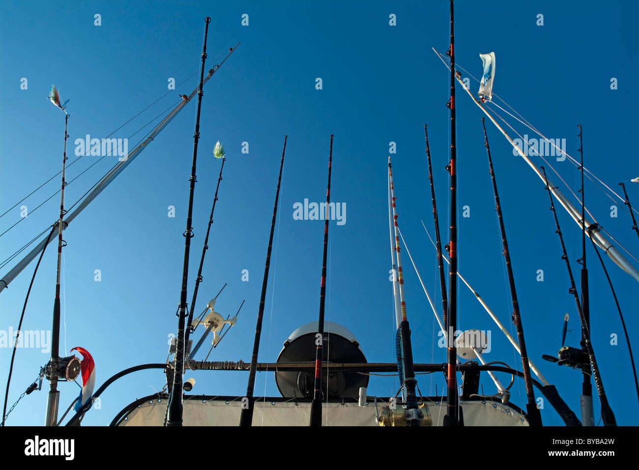 Fishing rods onboard a boat in the Mediterranean Sea, France Stock ...