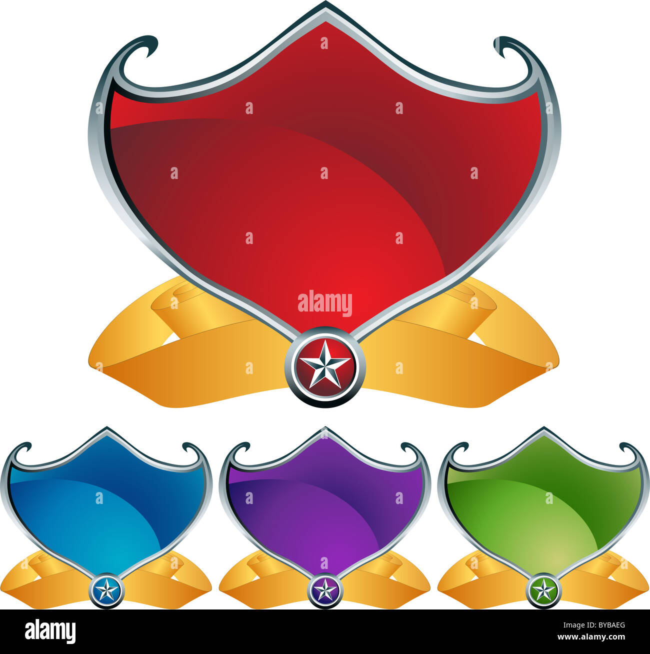 Set of four 3D shield with gold banner Stock Photo - Alamy