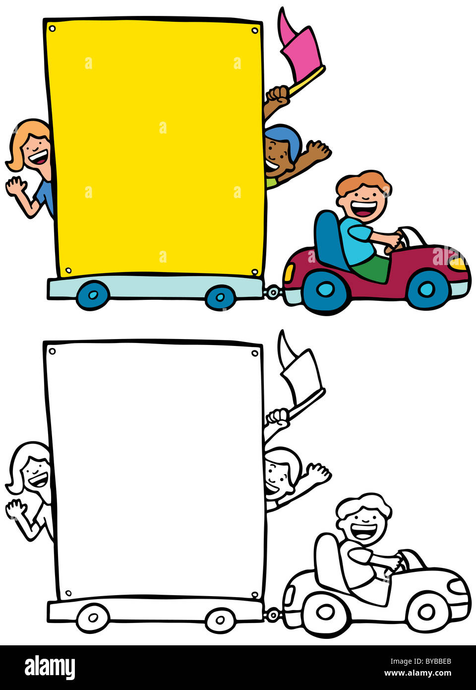 Cartoon image of happy people pulling a blank sign behind a vehicle ...