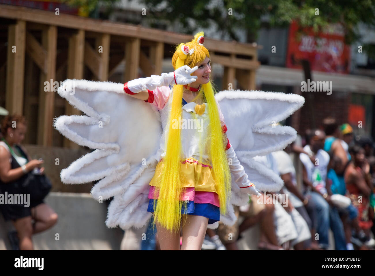 A woman parades the streets of Washington, DC in a butterfly costume ...