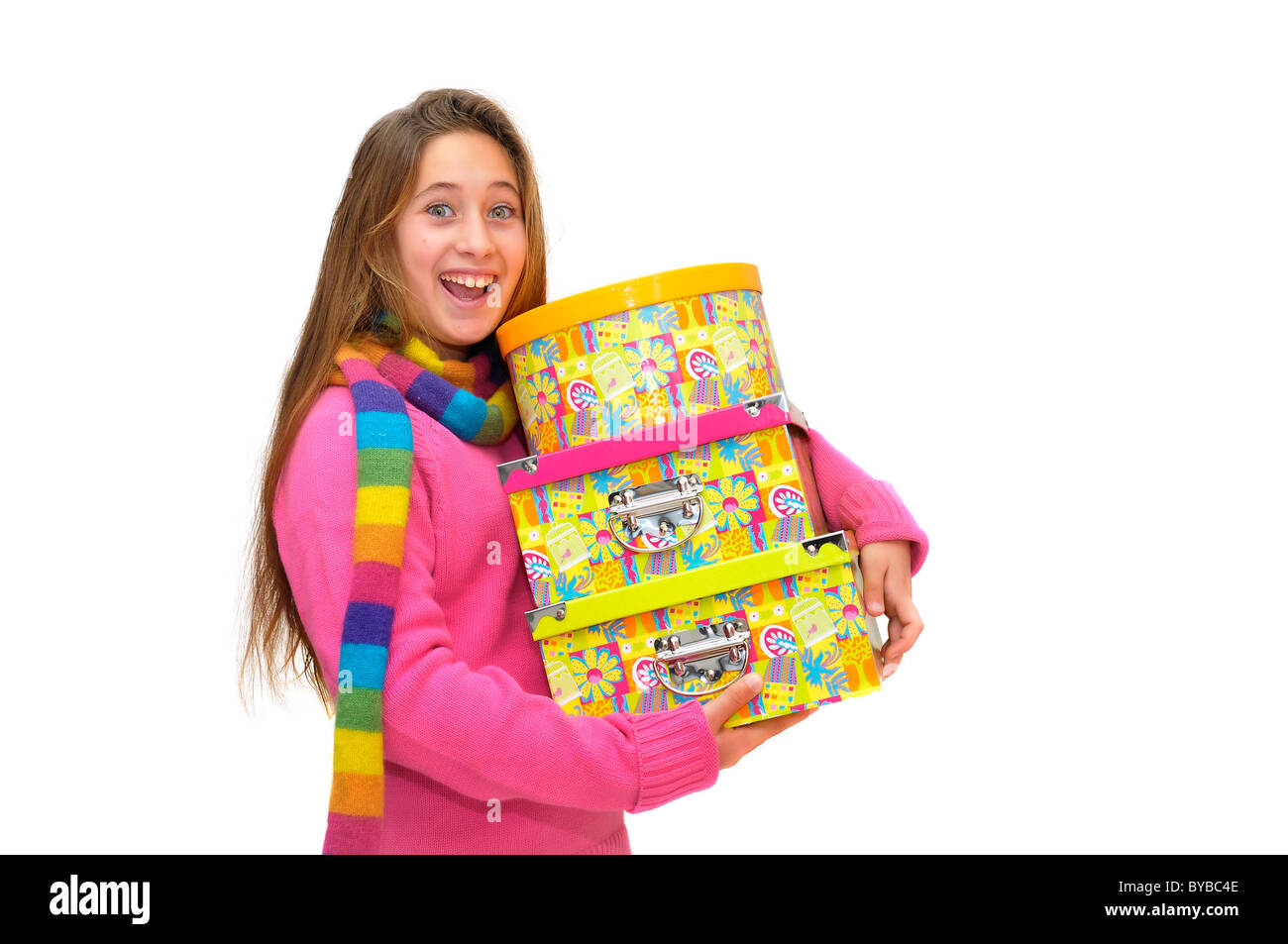 Beautiful young girl with present boxes isolated in white Stock Photo ...