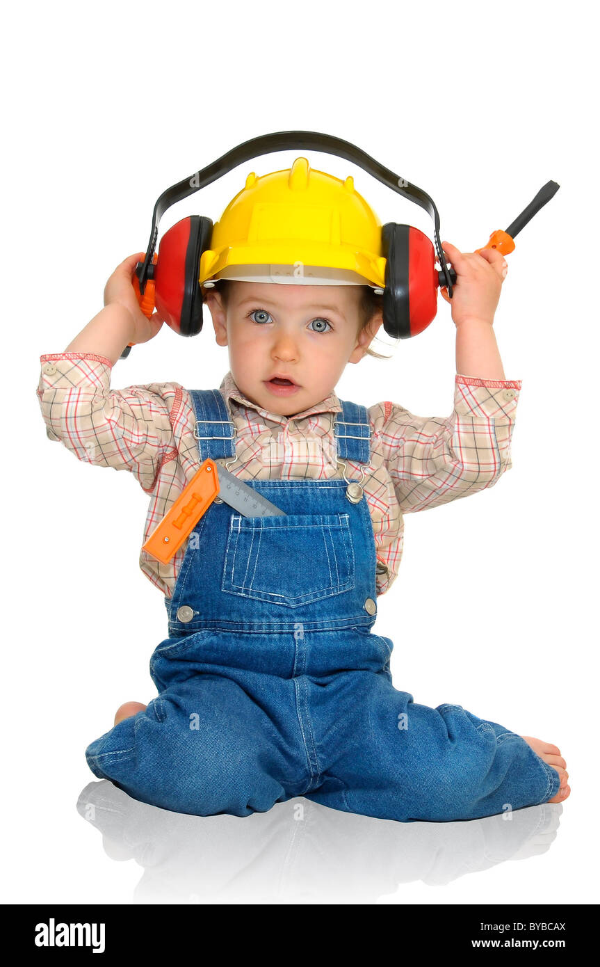 Baby worker with hat and tools isolated in white Stock Photo - Alamy