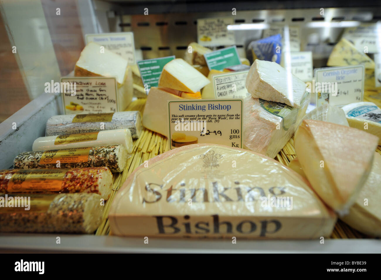 Stinking Bishop cheese for sale at a deli counter in a shop in Hastings ...