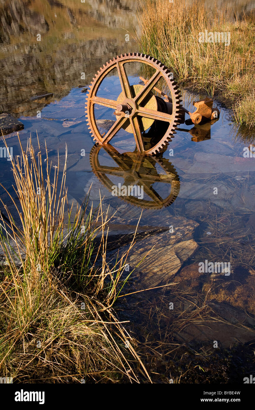 Rusty iron cog lying in water at the Cwmorthin slate quarry and mine ...