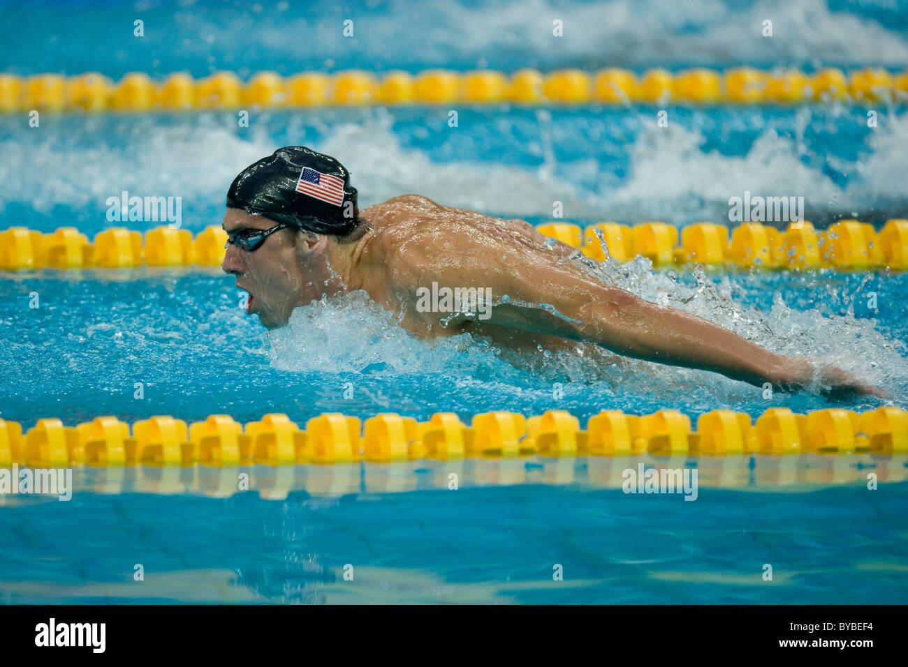 Michael Phelps (USA) in the butterfly stroke of the 400Im where he won ...