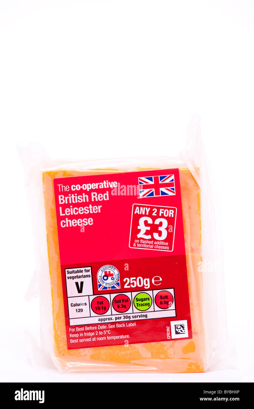 A packet of British Red Leicester cheese on a white background Stock ...